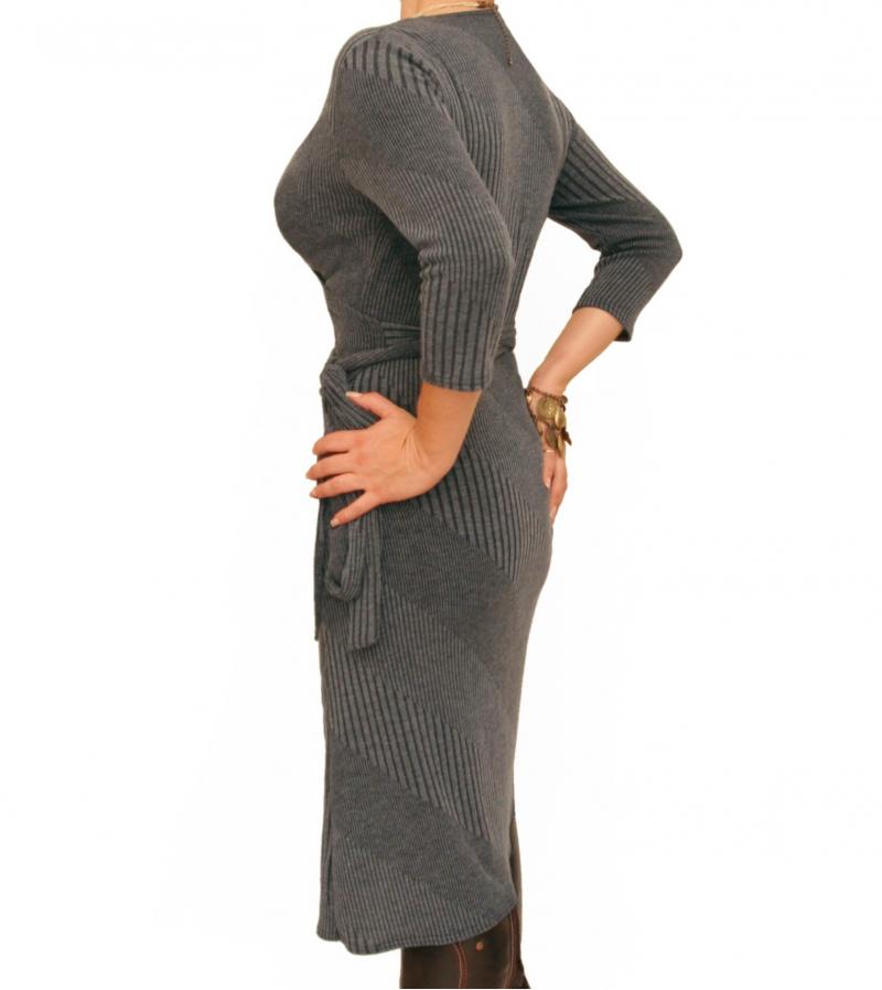 Grey Ribbed Knitted Wrap Dress