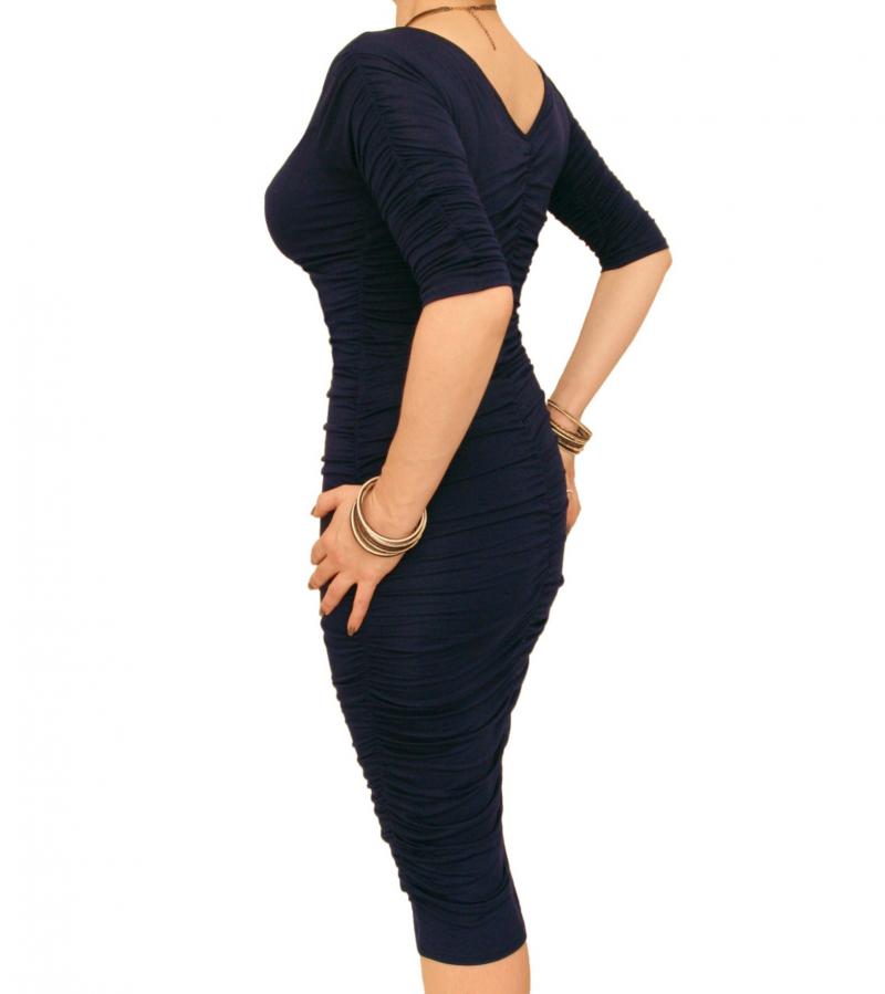 Navy Blue Ruched V Neck Dress