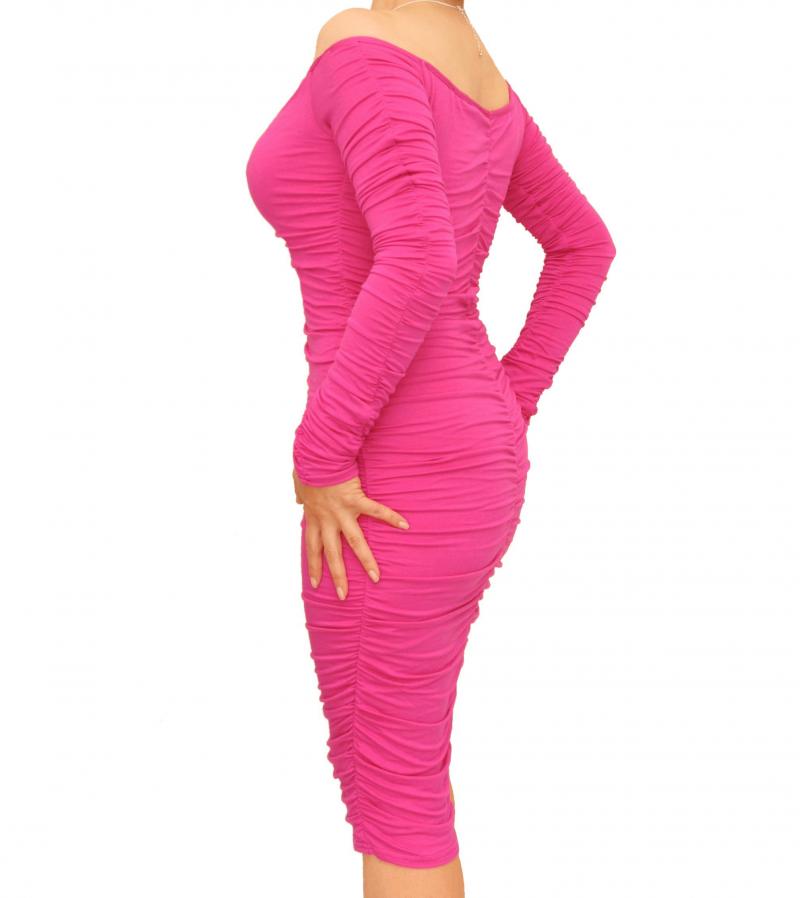 Cerise Pink off the Shoulder Ruched Dress