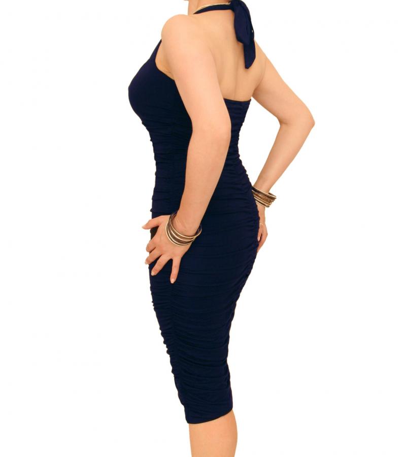 Navy Blue Ruched Halter Neck Dress