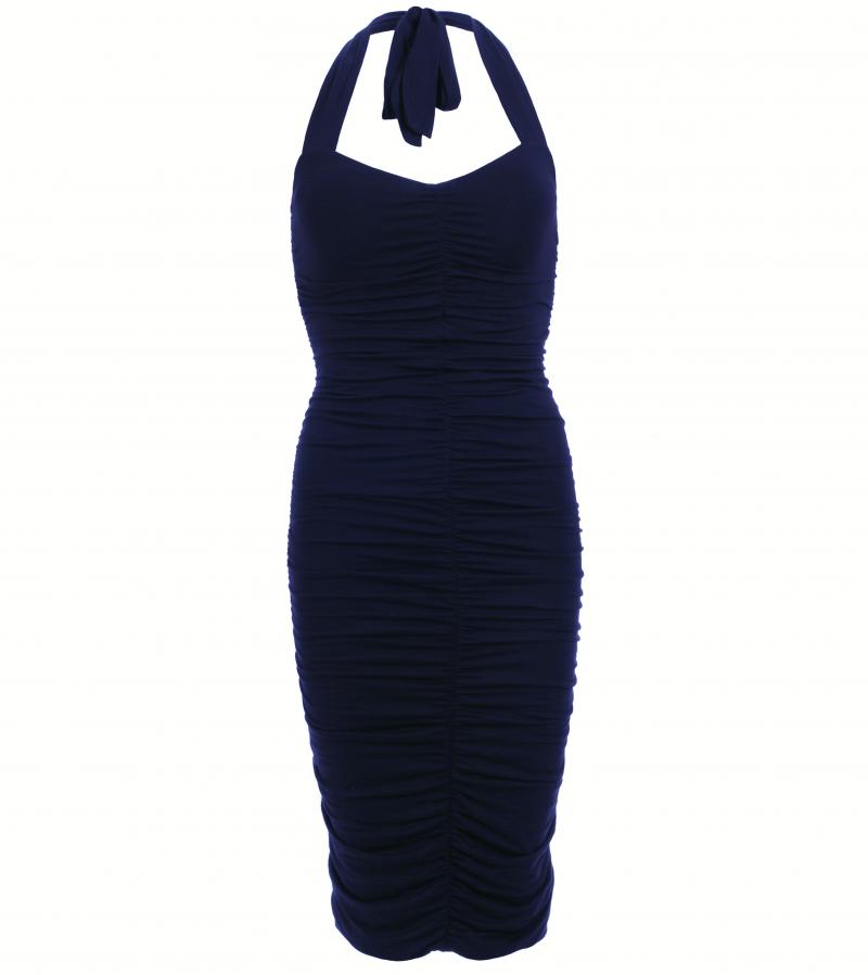Navy Blue Ruched Halter Neck Dress