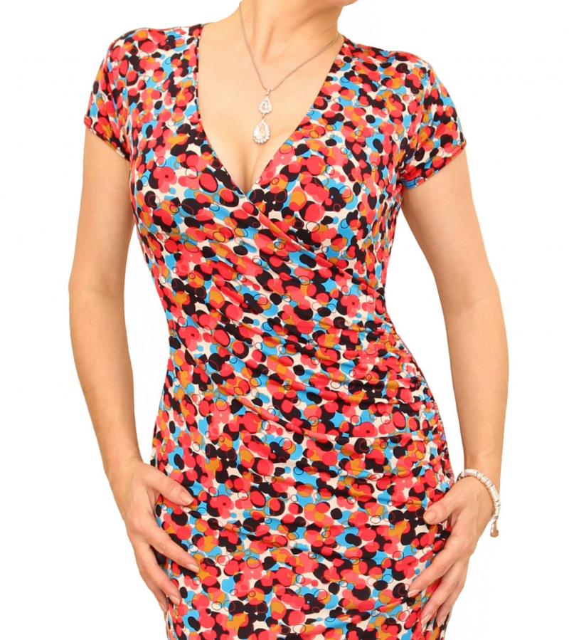 Red Spotty Print Ruched Mock Wrap Dress