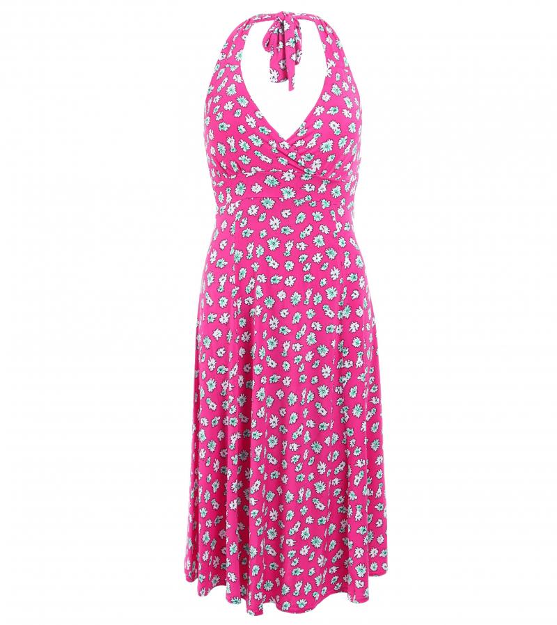 Pink Daisy Floral Print Halter Neck Dress