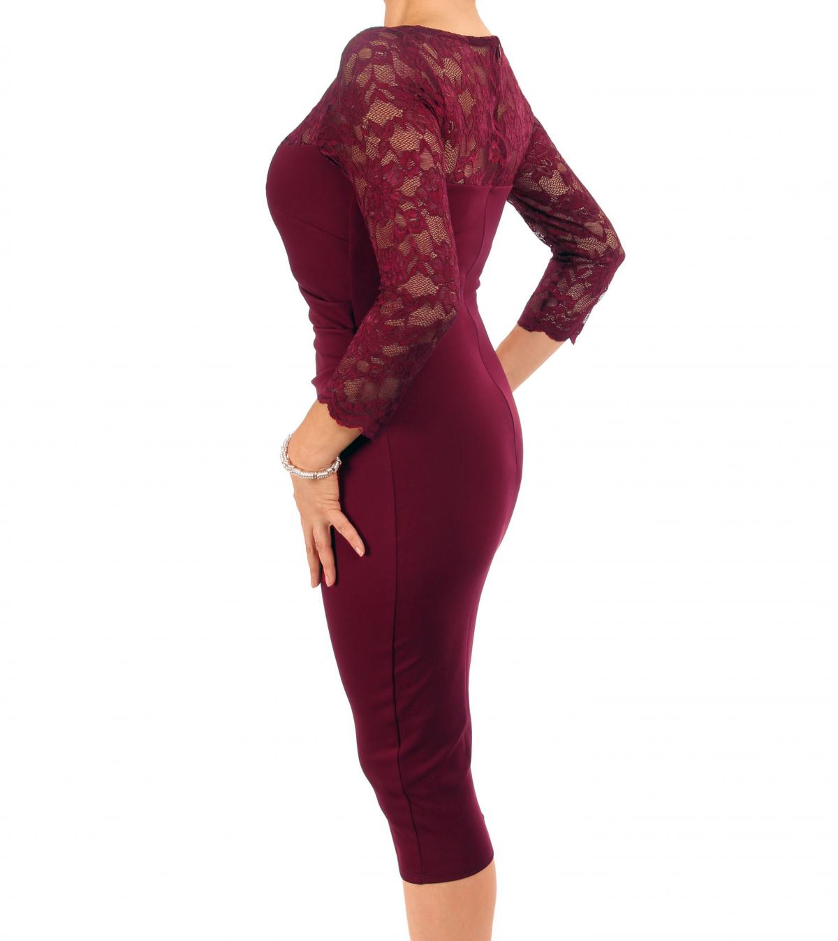 Wine Lace Slash Neck Ruched Dress