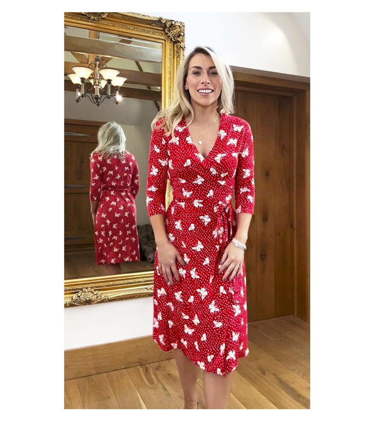 Red Butterfly Print Wrap Dress