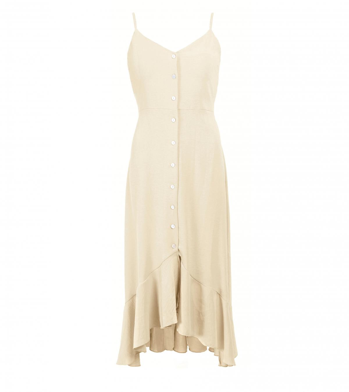 Beige Button Through Dip Hem Dress