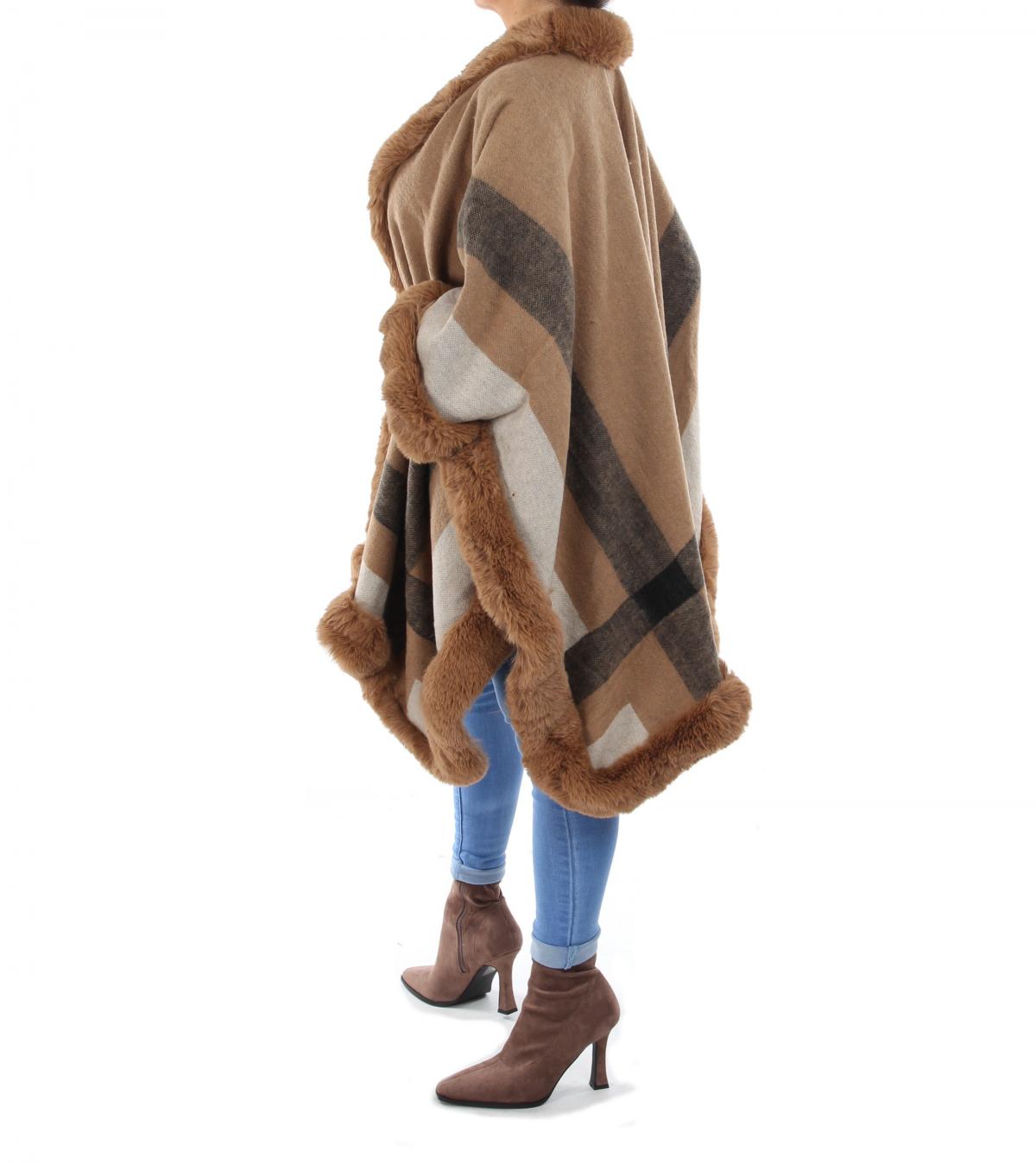 Camel Faux Fur Trim Cape